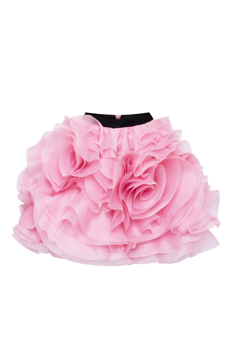 Danceable mini skirt with ruched flower appliques in pink, Midnight Wa